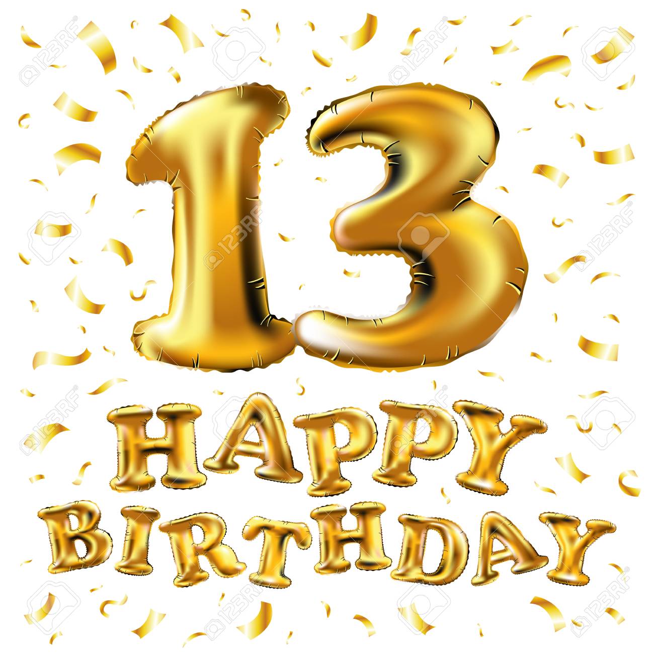 vector happy birthday 13 years golden color, balloon and confetti ...